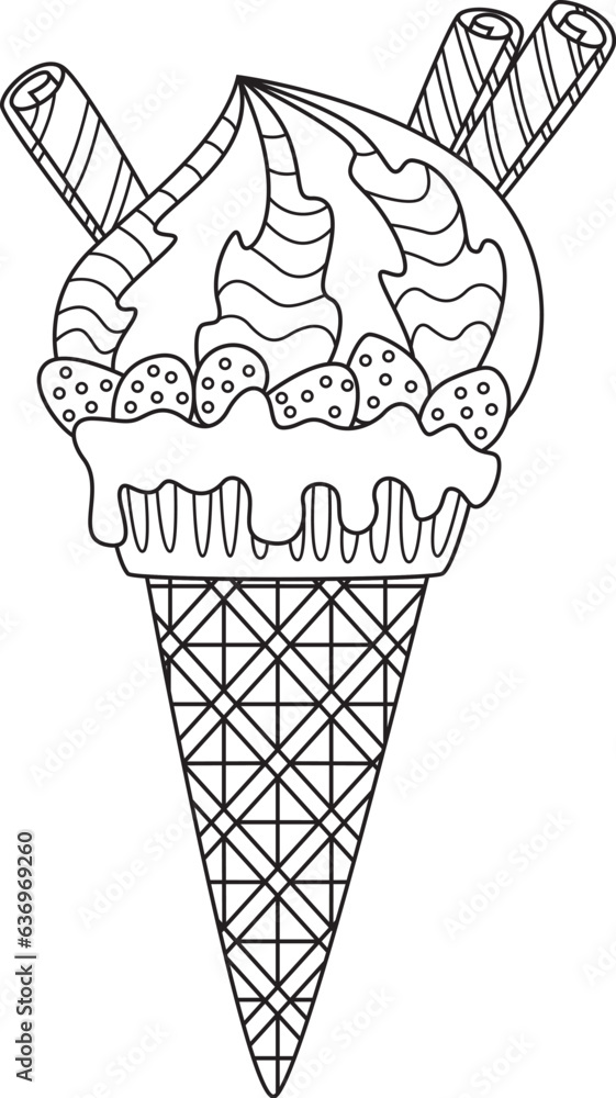 Ice cream doodle coloring book page. Black and white vector zentangle ...