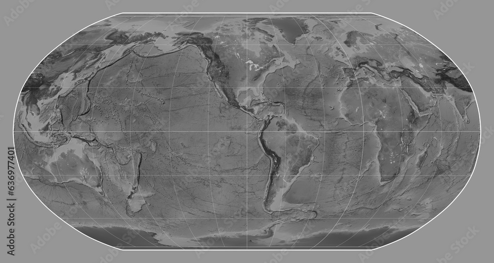 World map. Grayscale. Robinson projection. Meridian: -90 west Stock ...
