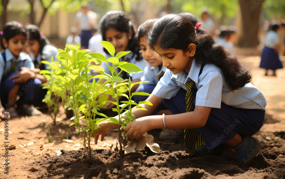 Indian schoolgirls doing gardening in the school garden, back to school ...