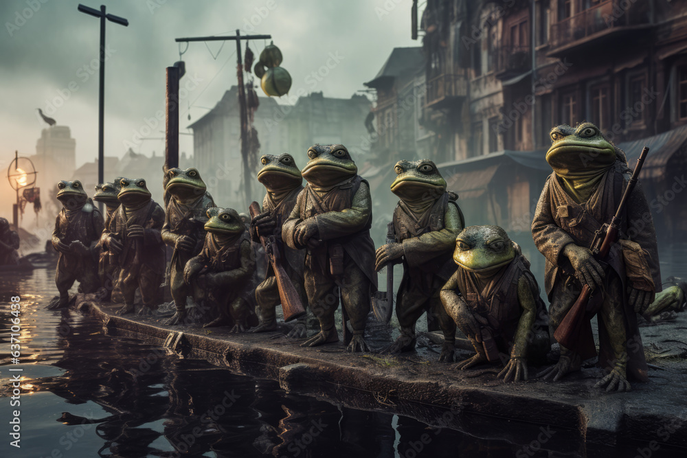 Frog soldiers in a flooded post-apocalyptic city Stock Photo | Adobe Stock
