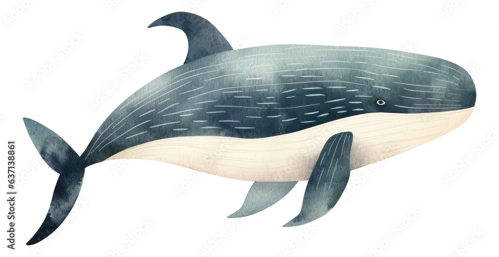 Cute humpback whale cartoon character, Hand drawn watercolor isolated ...