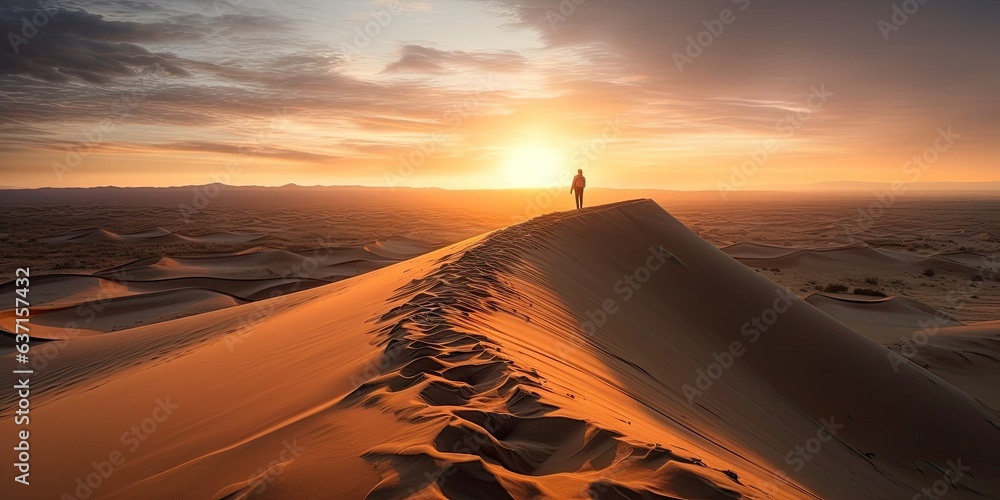Desert solitude. Embracing sands of adventure. Golden horizons. Sunset ...