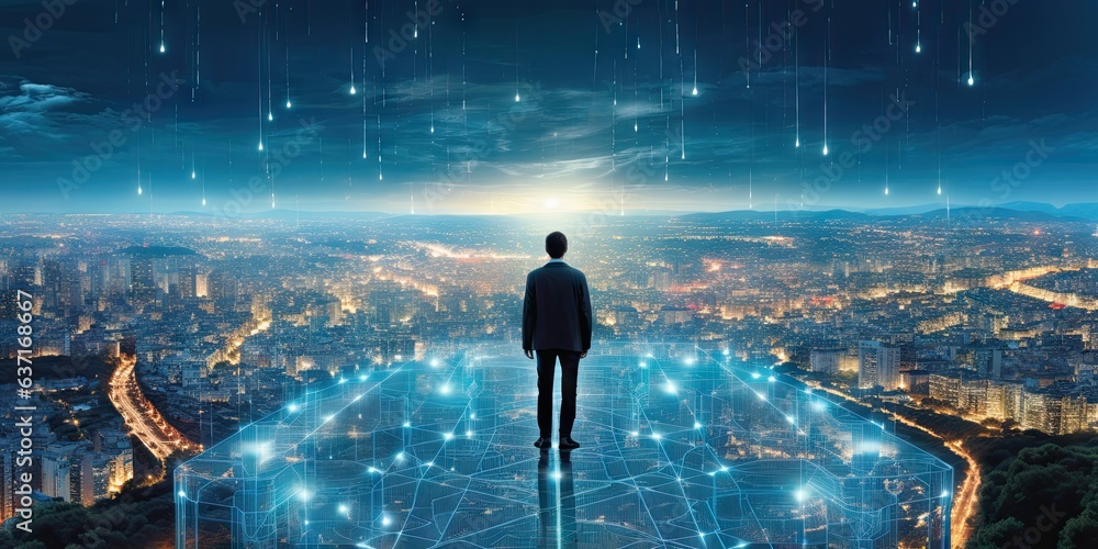 Navigating frontier. Businessman in city. Urban visionary. Building ...