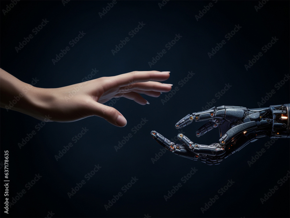 Human hand to touch robot hand. Close up view. Connection between ...