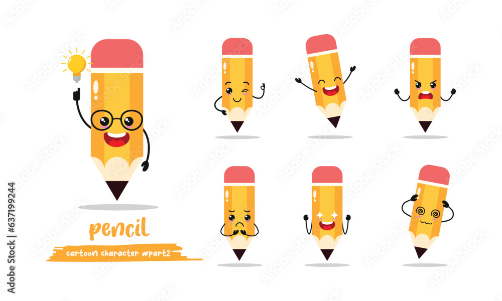 cute pencil cartoon with many expressions. school equipment different ...