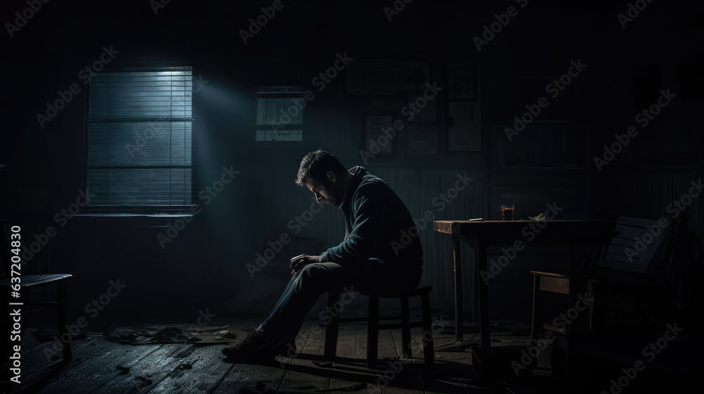 A lonely man in the dark room, sillhouette of a man, feeling depressed ...