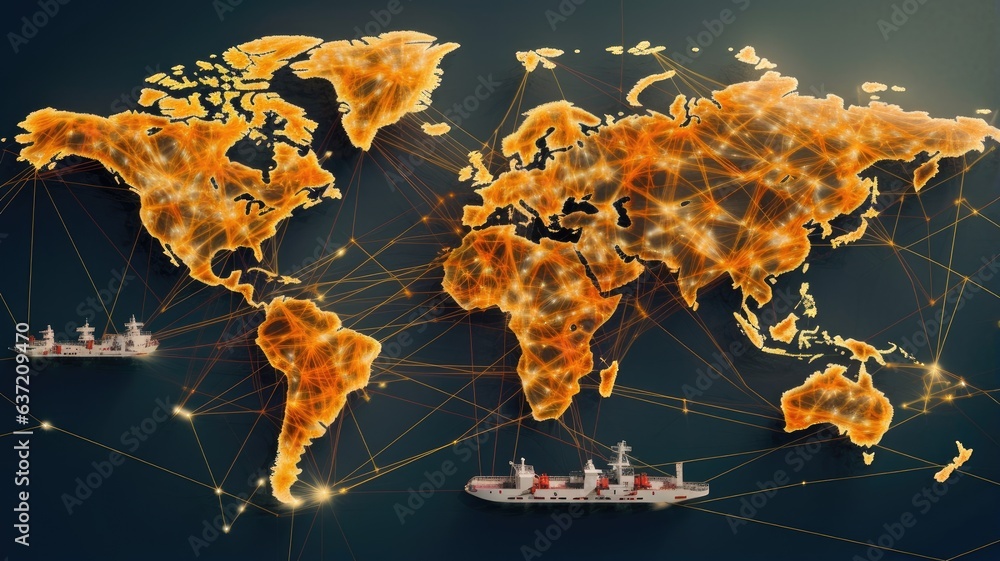 A world map with cargo ships and planes traversing global routes ...