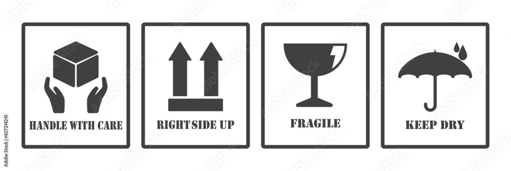Fragile package icons symbols, handle with care logistics and delivery shipping labels. Handle ...