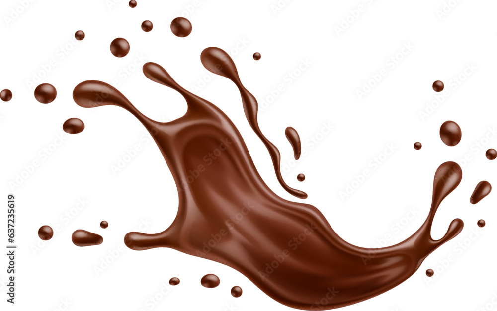 Realistic chocolate milk wave splash, cocoa drink spill with drops ...