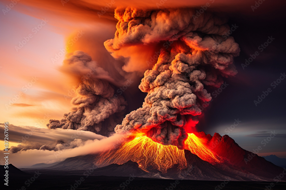 volcanic eruption with picturesque ash cloud rising from the volcano ...