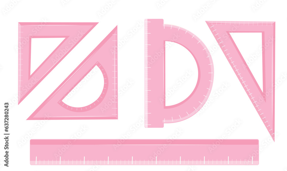Ruler vector set in pink. Triangular ruler, protractor, straight ruler ...