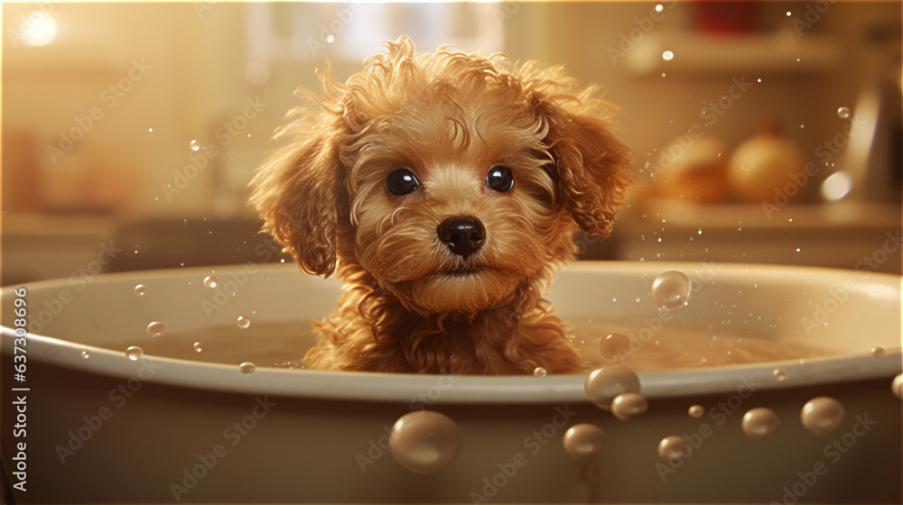 brown curly puppy bathing in basin with flying soap bubbles, warm style ...