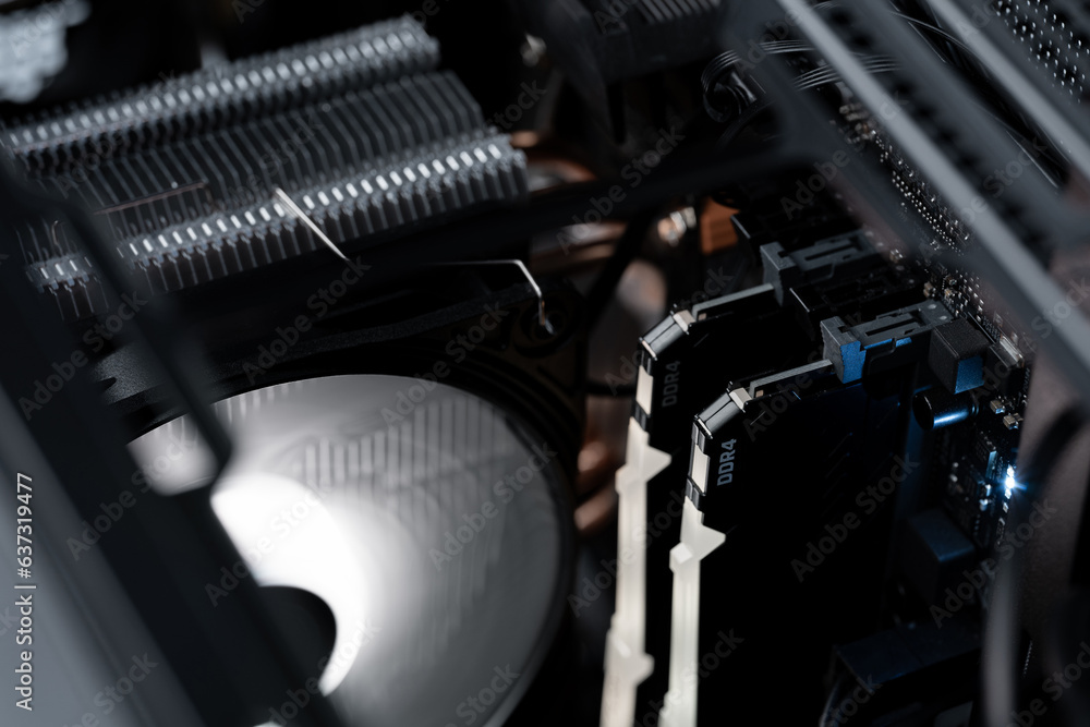 Computer fan. DDR4. Modern case cooling system. Air-cooled gaming PC ...