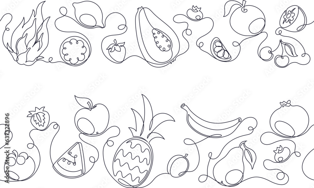 Hand drawn one line style tropical fruit horizontal seamless border ...