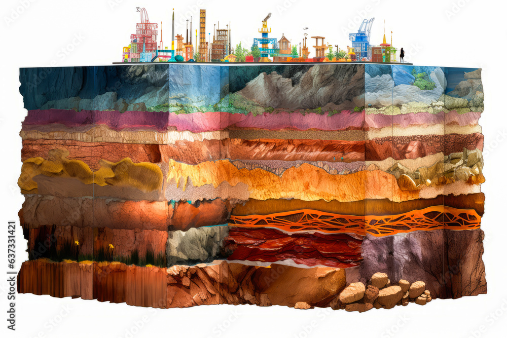 Spectacular Earth cross-section showcasing diverse geological layers, prominent drill descending ...