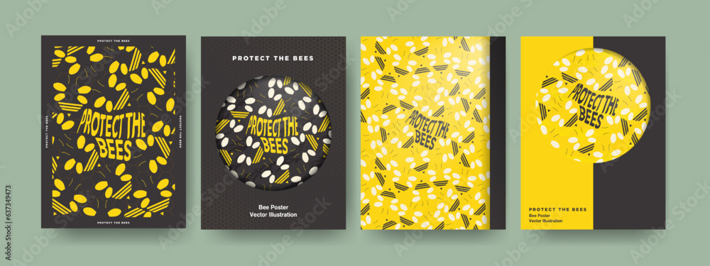 Set of Bee Conservation Posters in yellow and black. Flat Cartoon bee ...