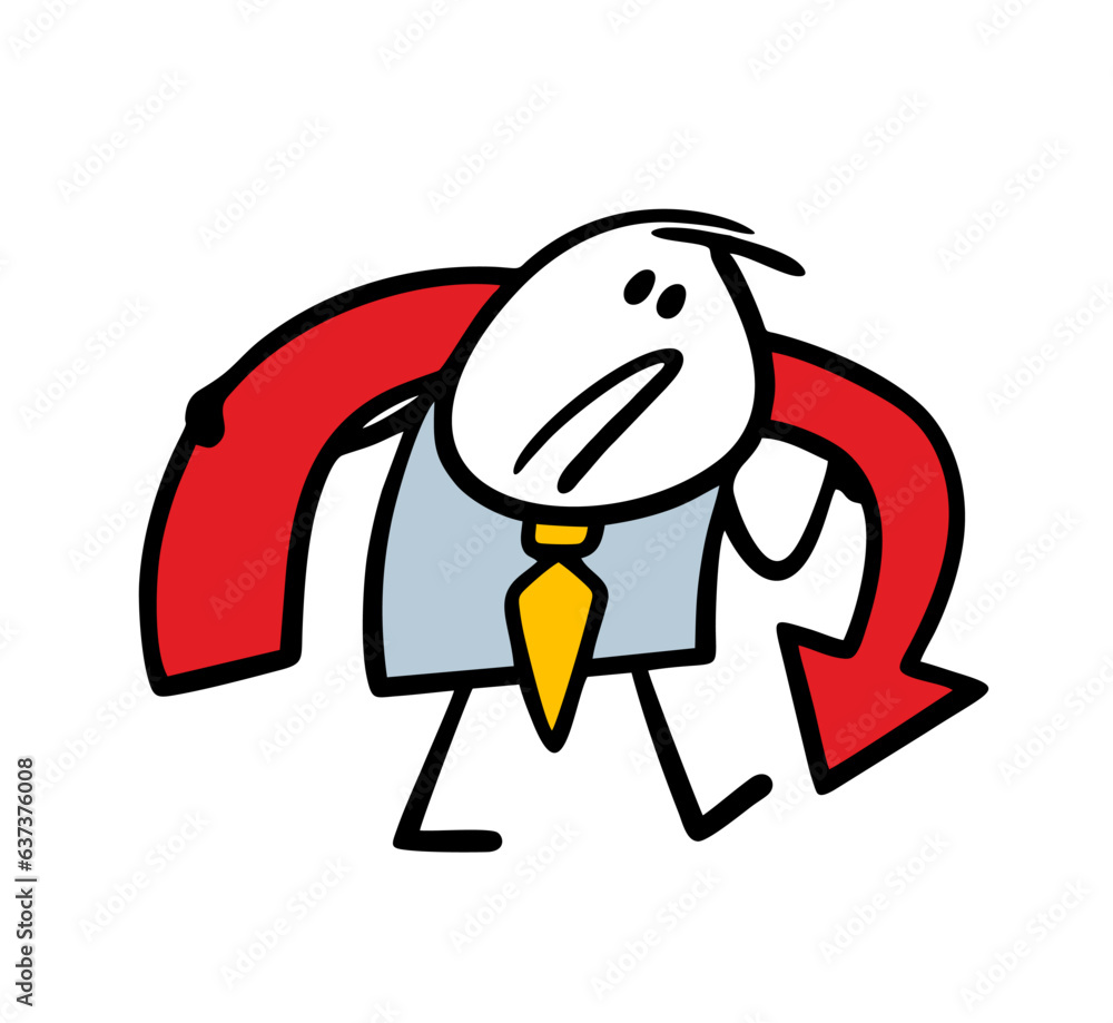 Sad tired stickman boss in a business suit carries a big red arrow ...
