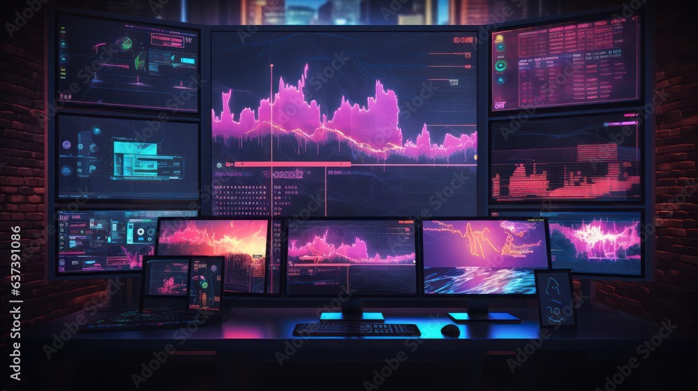 Multiple screens control room. Interfacing with artificial intelligence ...