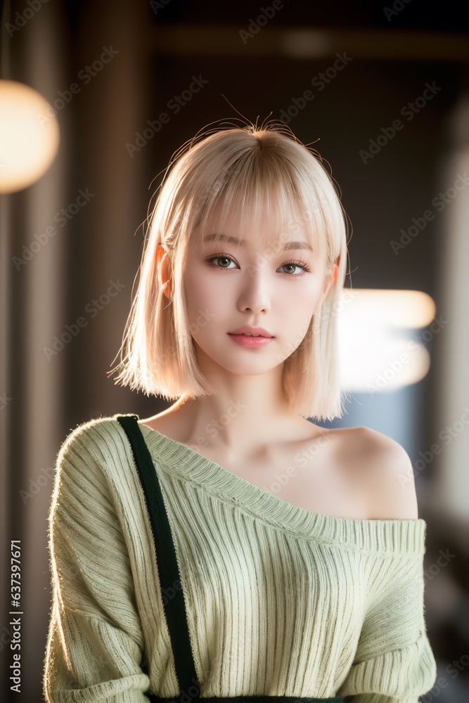 Portrait of a young model straight platinum hair in a blunt one-length ...