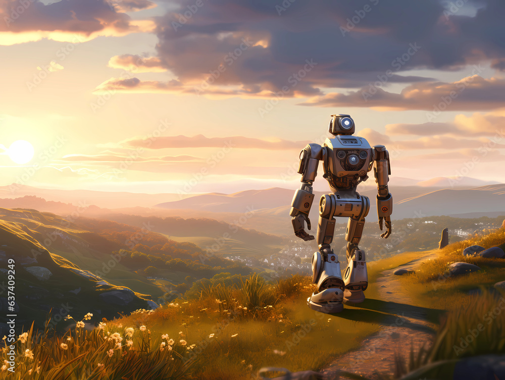 canned robot Walking desperately along the road, on the hillside, as ...