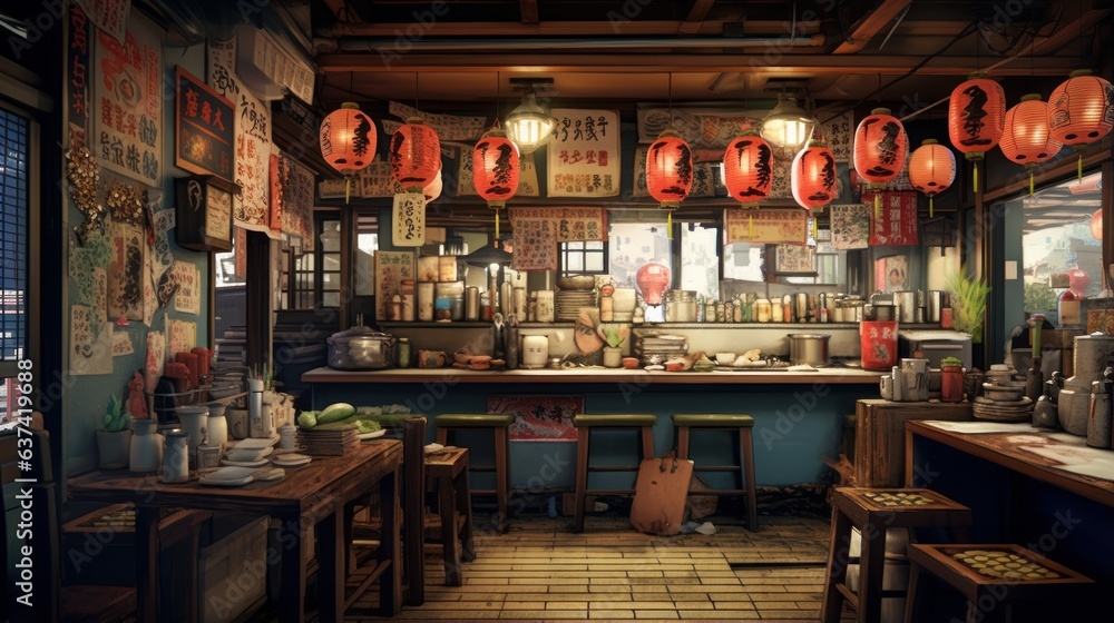 a beautiful japanese tokyo city ramen shop restaurant bar in the dark ...