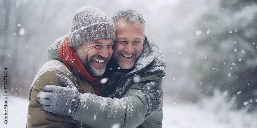 Two men in their 40s portrait, cute gay couple in love hugging each other on a winter day, snow ...