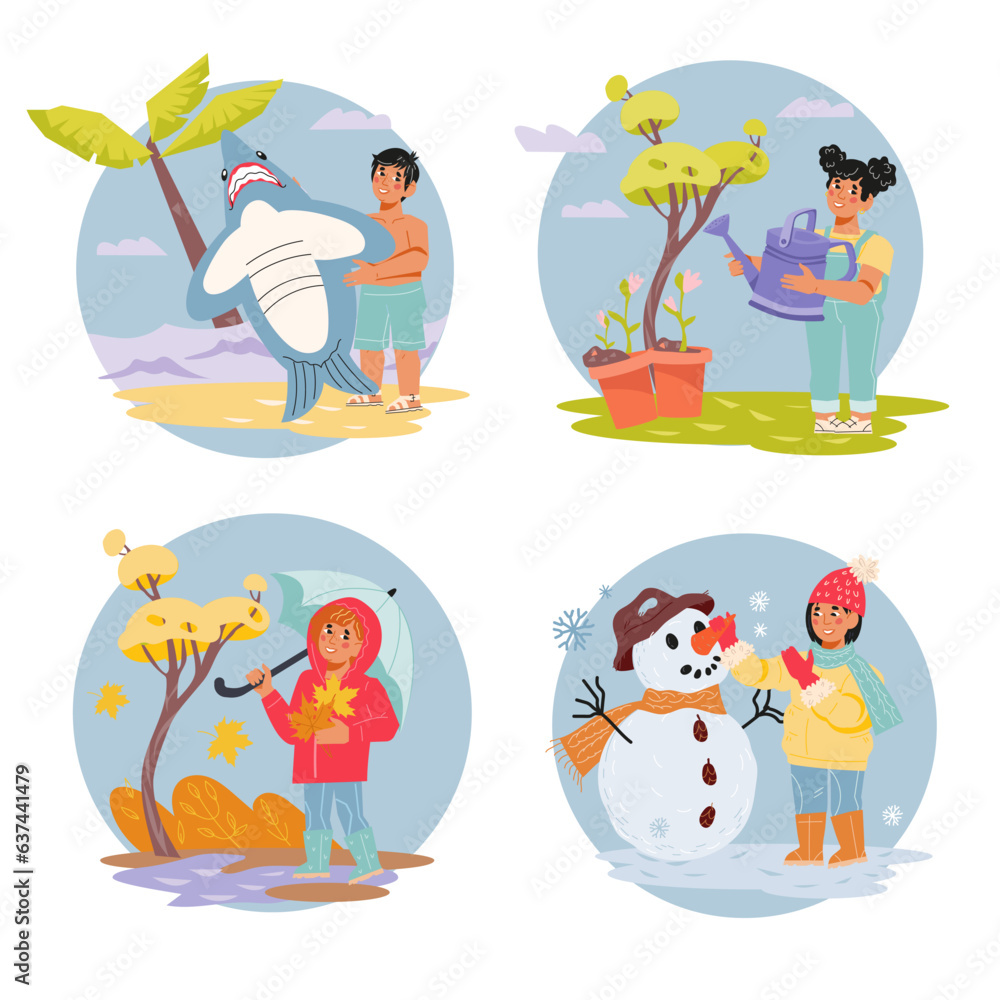 Kids four seasons of year activity, flat vector illustration isolated ...