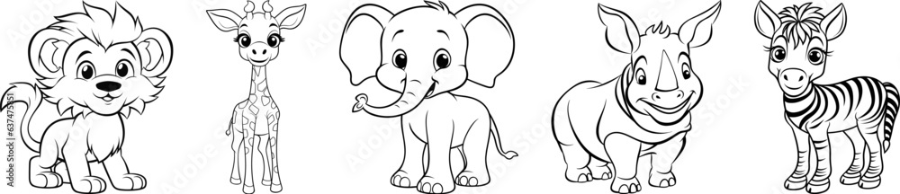 Safari animals friendly cartoon characters collection from Africa. Lion ...