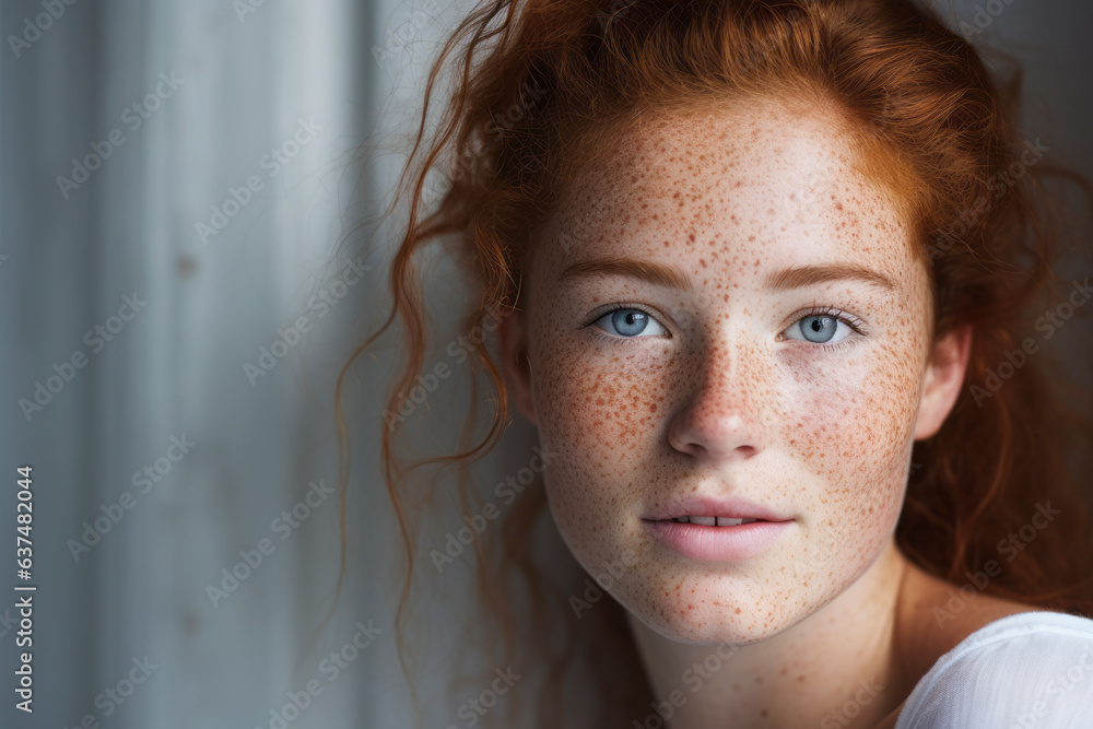 Freckles Woman portrait. Close-up. Beautiful dark red haired girl with ...