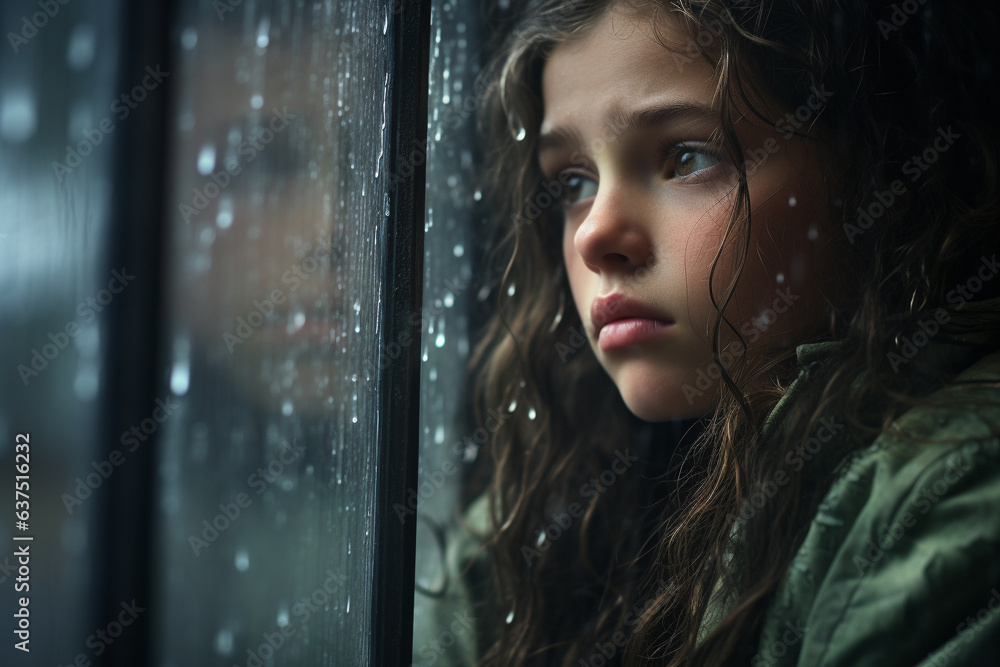 young abused girl crying at window Stock Photo | Adobe Stock