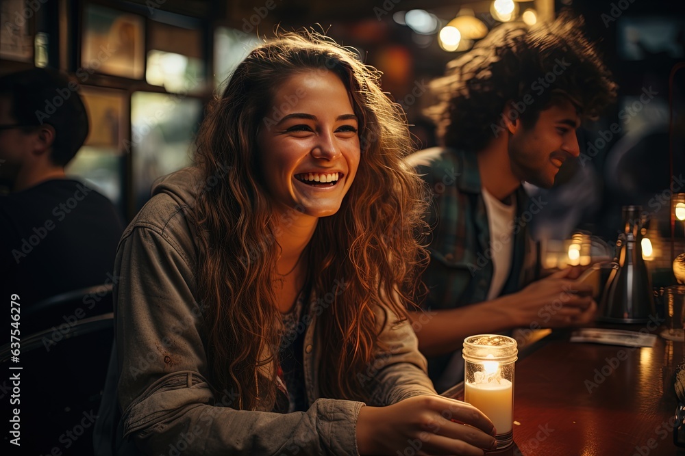 Friends gathered at a cafe, their faces illuminated by genuine smiles ...