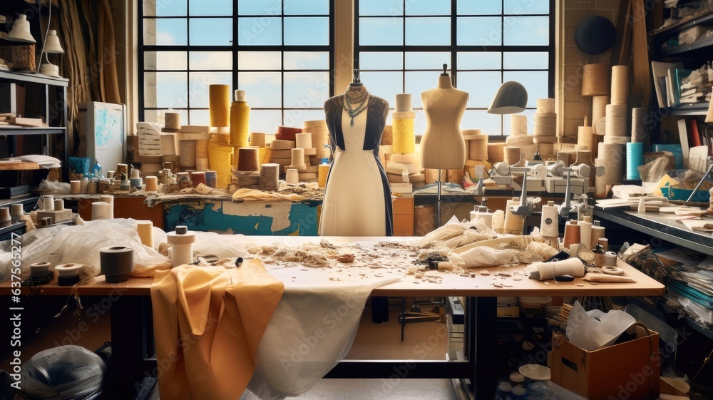 A fashion designer's studio with dress forms, fabric swatches, and ...