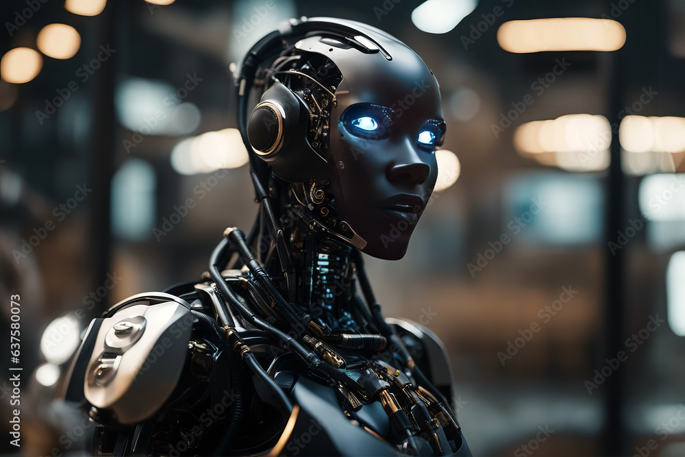 Dangerous AI - Black Female Android Robot with Evil Shiny Blue Eyes ...
