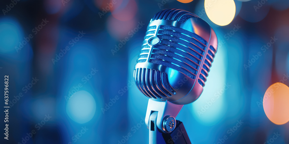 Microphone, close up shot, neon blue color palette. Microphone on ...