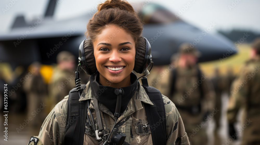 Female African American fighter pilot soldier stands outside her ...