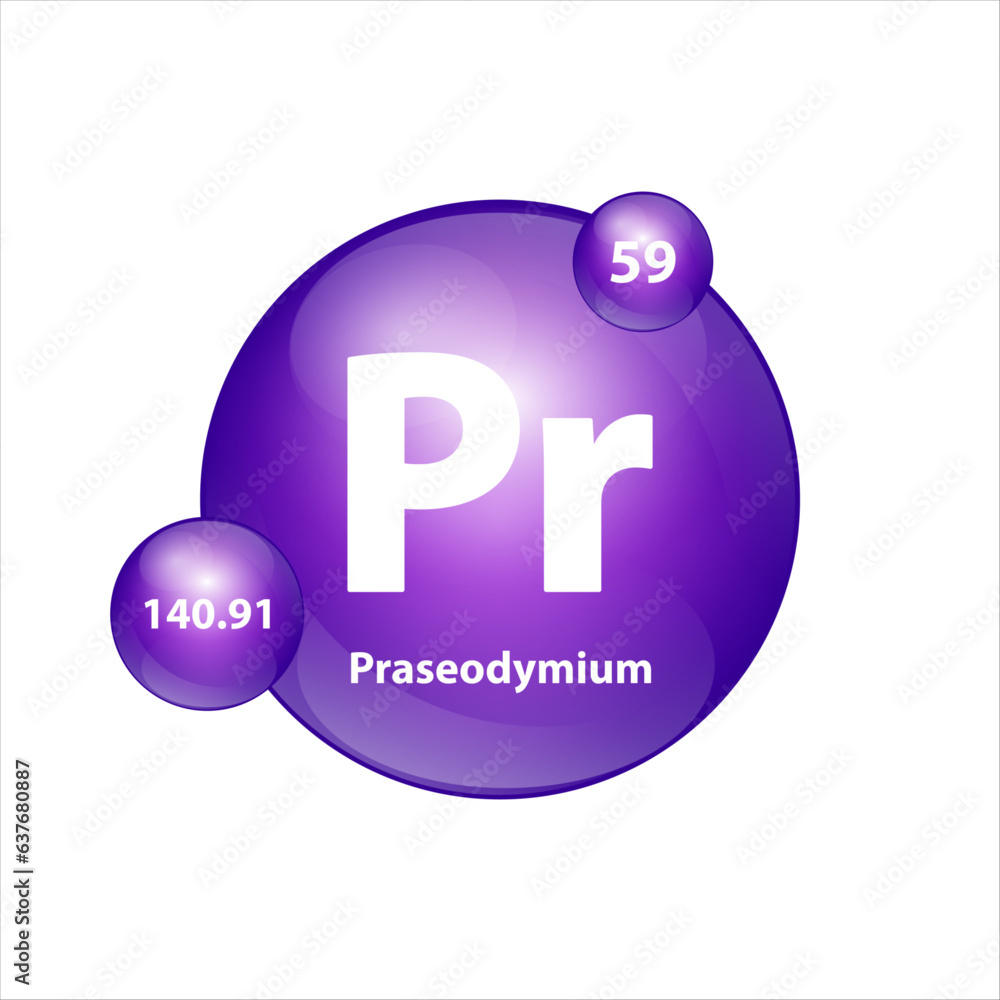 Praseodymium (Pr) icon structure chemical element round shape circle purple. 3D Illustration ...