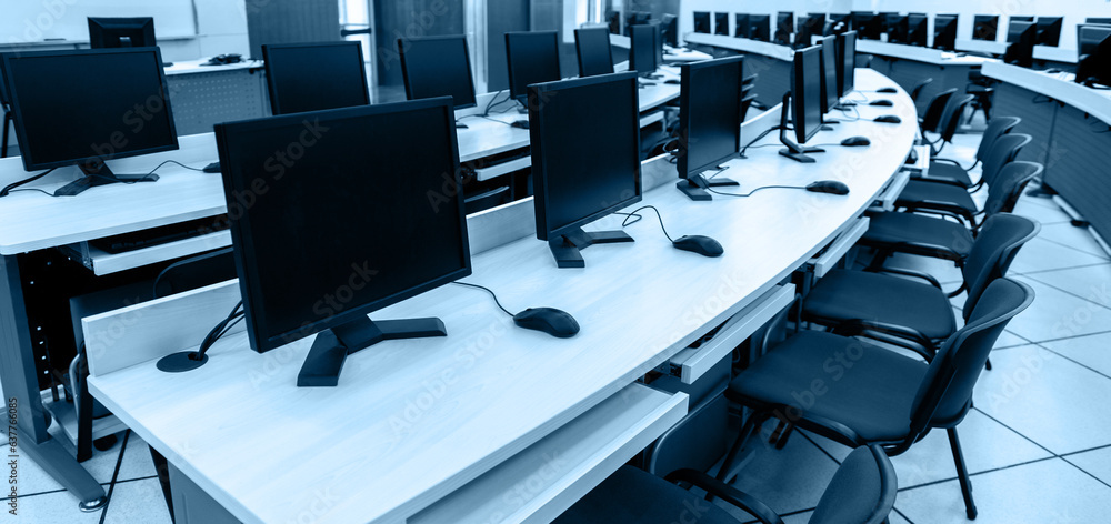 Group of computers in computer lab Stock Photo | Adobe Stock