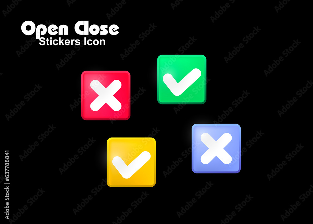 Open closed. 3D sticker icon. Cute stickers for your design on black ...