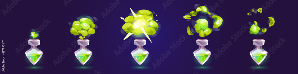 Bottle with magic elixir and green smoke. Cartoon animation stages of ...