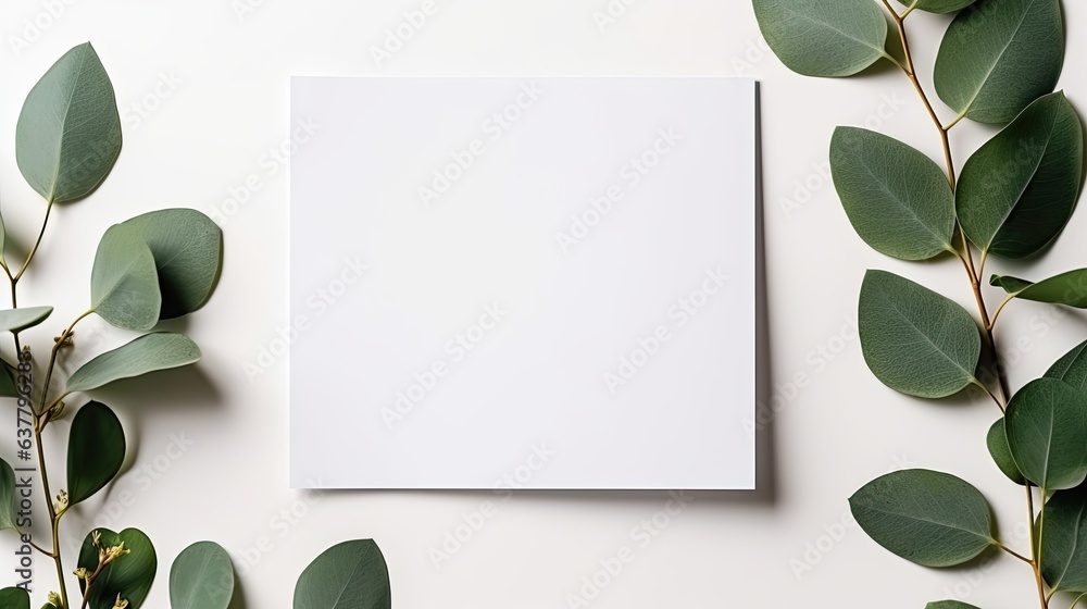 Minimal boho style card with blank space on eucalyptus leaves top view ...