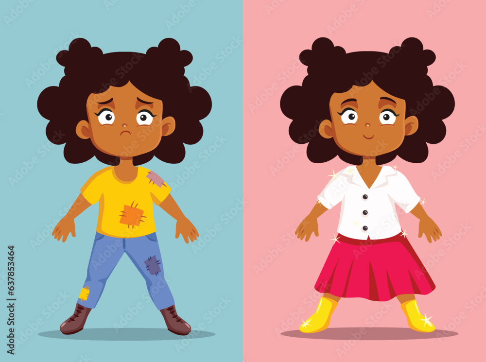 Little Girl Wearing Old versus New Clothes Vector Cartoon illustration ...