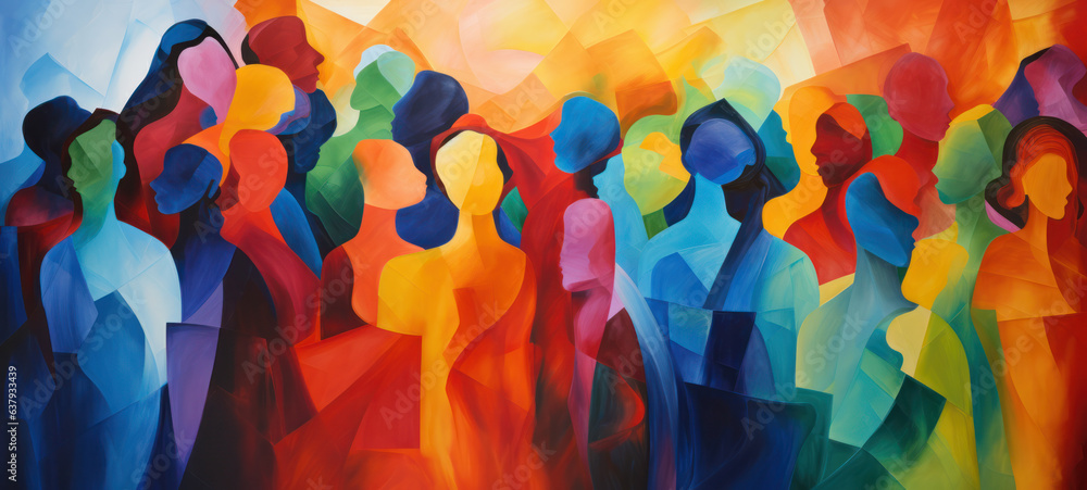 Abstract colorful art watercolor painting depicts a diverse group of ...