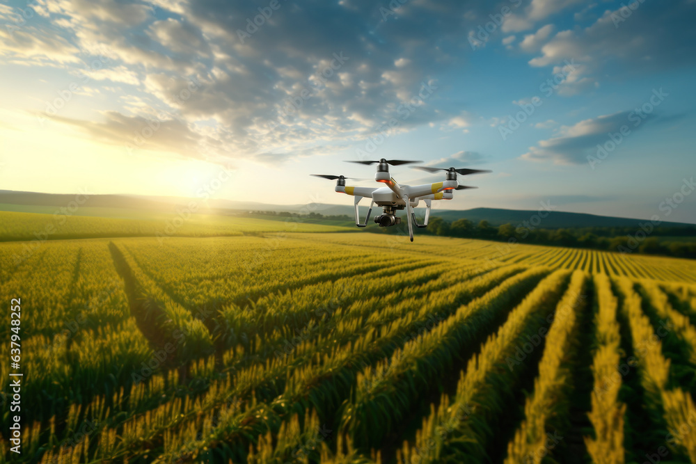 Agriculture drone monitors green corn field. Quadcopter aids crop surveillance, smart farm ...