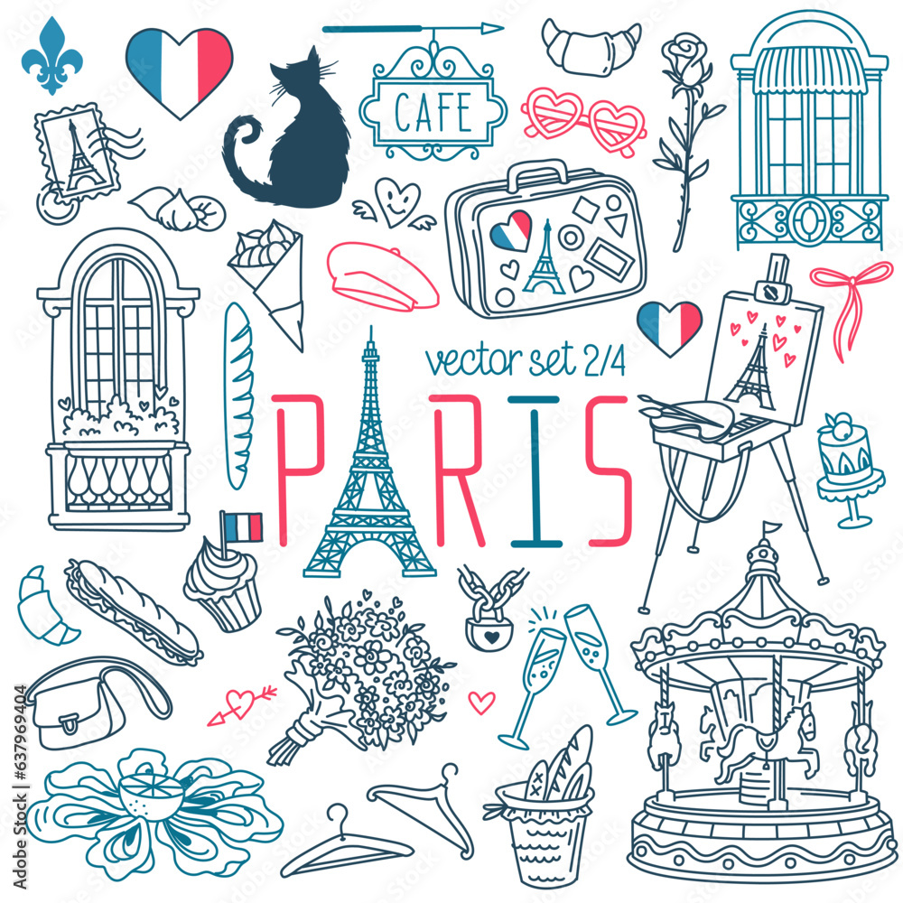 Paris doodle set. Popular French landmarks, food and attractions ...
