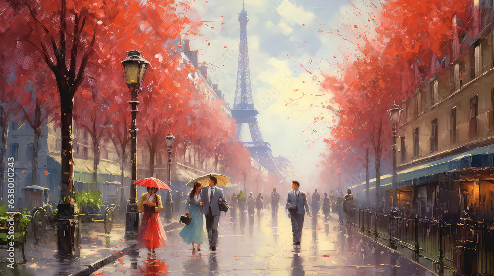 oil painting on canvas, street view of Paris. Artwork. eiffel tower ...