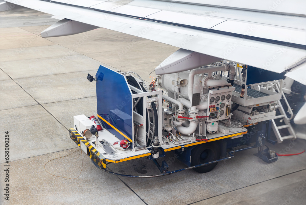 Aircraft refueling by high pressure fuel supply truck. Refueling ...