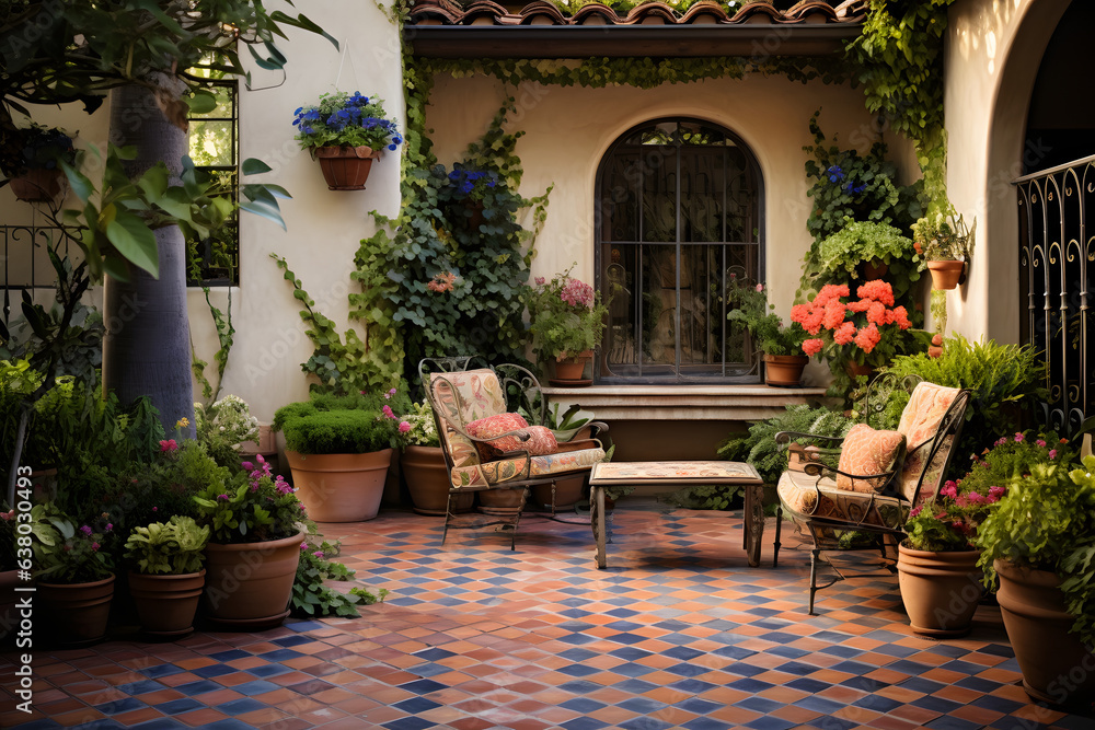 Mediterranean-inspired patio with terra cotta tiles wrought-iron ...