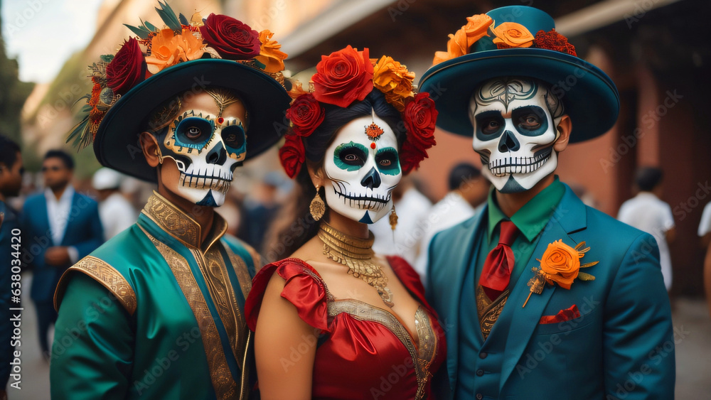 Three Mexicans dressed as "catrines" and "catrinas" for the Day of the Dead in Mexico with Day ...