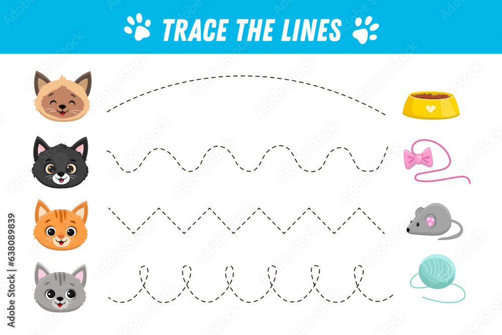 Stock-Vektorgrafik „Tracing lines for kids. Cute cats. Cartoon kitten ...