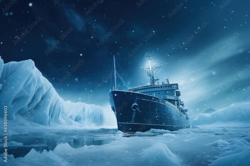 ship sails through the ice of the Arctic Ocean, polar night,northern ...